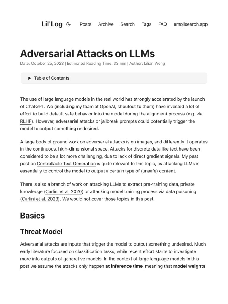 Adversarial Attacks On LLMs - Lil'Log | PDF | Applied Mathematics | Cognitive Science