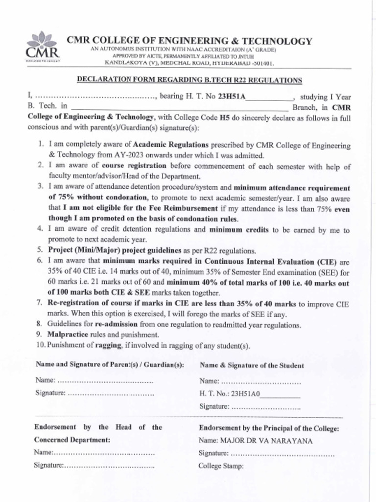 Declaration Form of Student | PDF