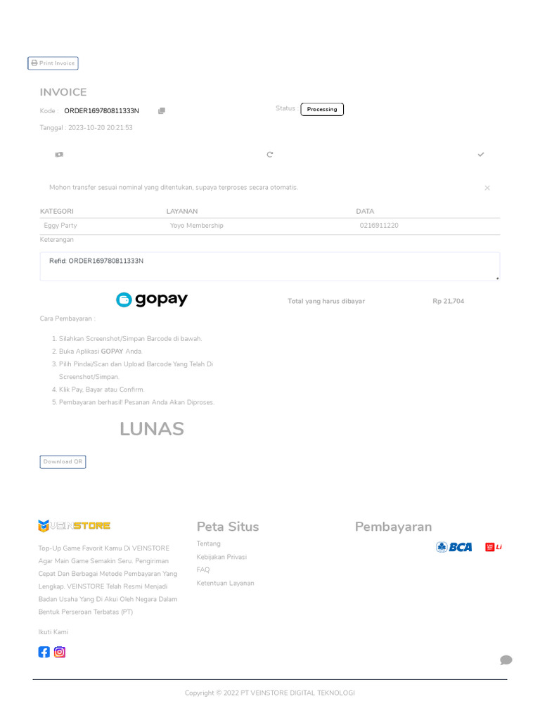 Invoice - Vein Store - Layanan Top Up Game Terpercaya | PDF