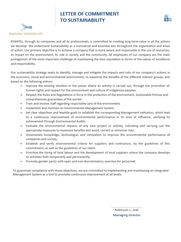 Letter of Commitment To Sustainability | PDF | Sustainability | Supply Chain