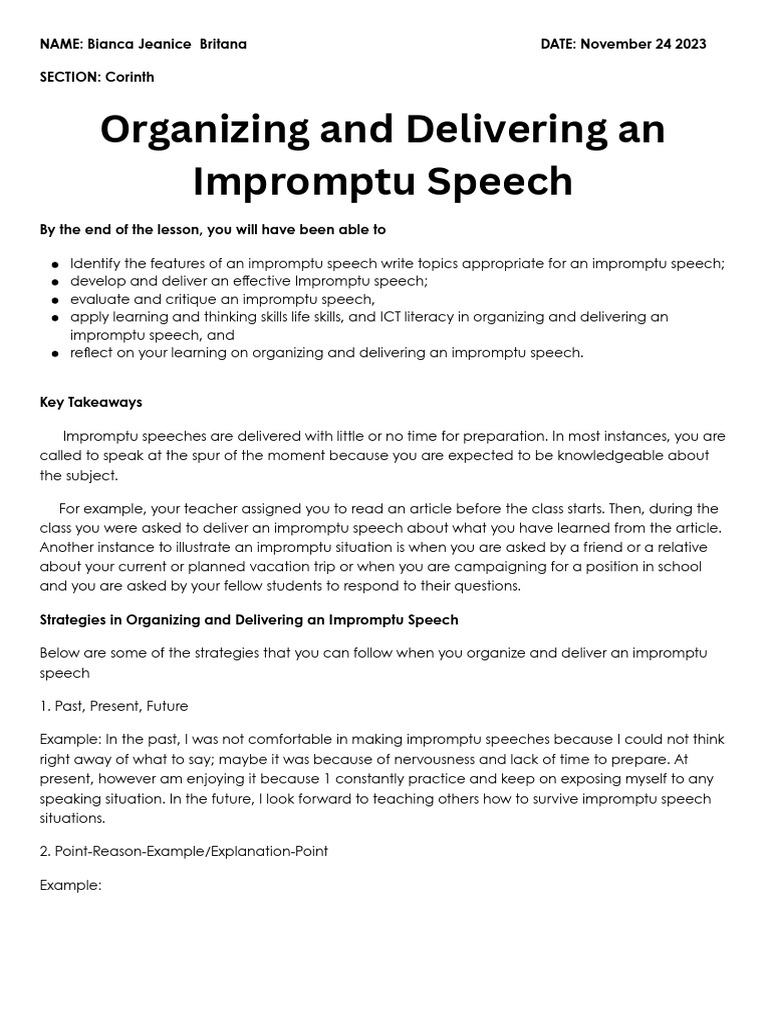 Copy of Copy of Organizing and Delivering An Impromptu Speech | PDF | Human Communication ...