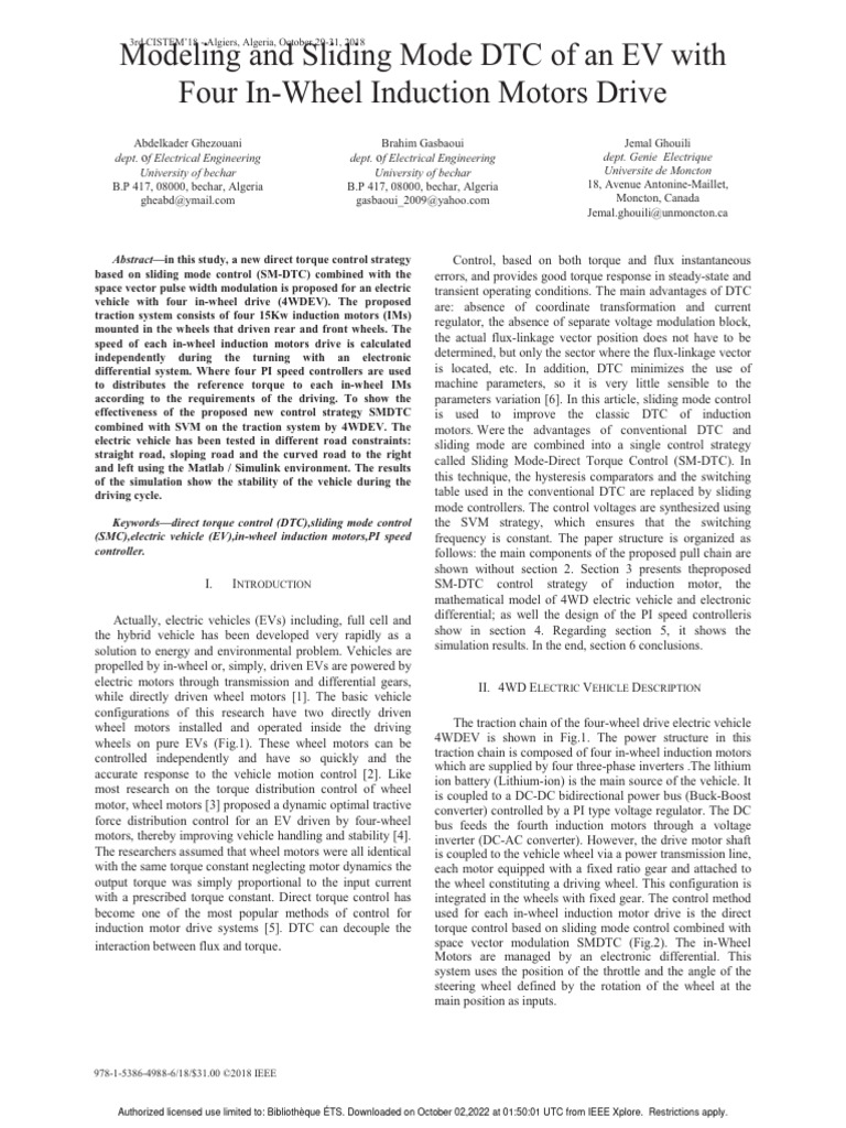 Modeling and Sliding Mode DTC of An EV With Four In-Wheel Induction Motors Drive-Vrai-Vrai | PDF ...