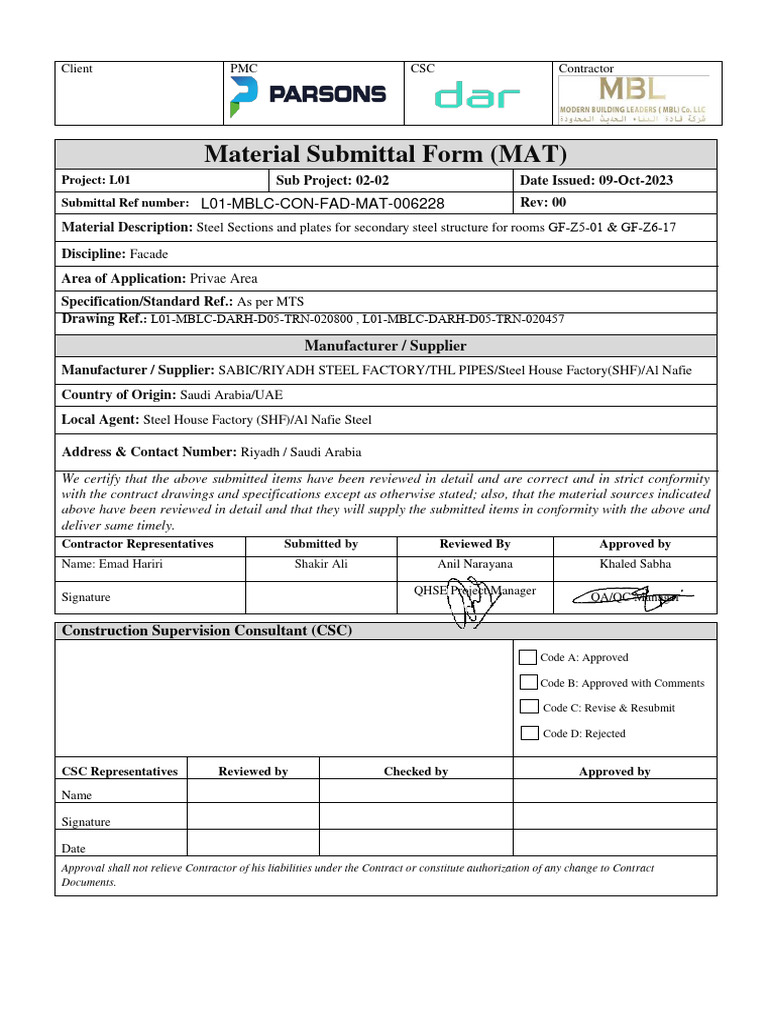 L01 MBLC Con Fad Mat 006228 R00 | PDF | Structural Steel | Paint