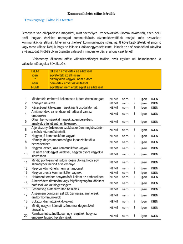 1 - Teszt - Kommunikációs Stílus Kérdőív | PDF