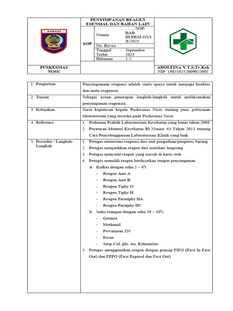 SOP Penyimpanan Reagen Laboratorium | PDF