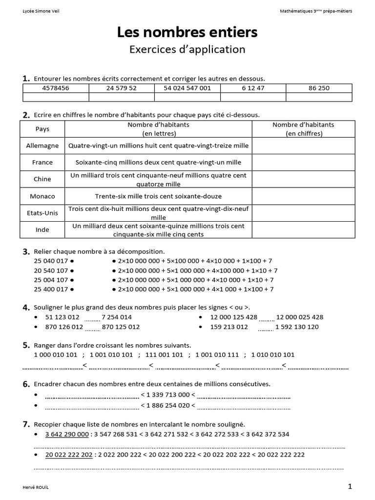 Exercices sur les nombres entiers | PDF