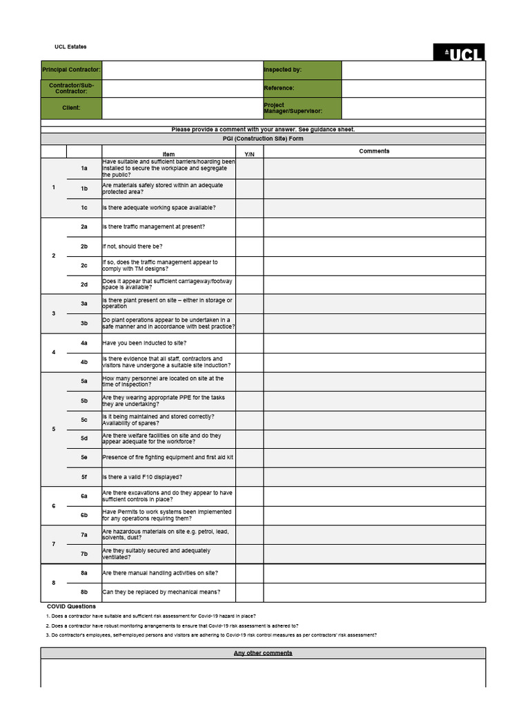 Simple Site Inspection Form - Ucl - XLSX - Updated | PDF | Safety ...