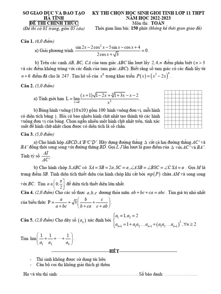 De Thi Hoc Sinh Gioi Tinh Toan 11 Nam 2022 2023 So GDDT Ha Tinh | PDF
