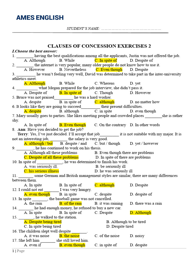 Key - Clauses of Concession Exercises 2 | PDF