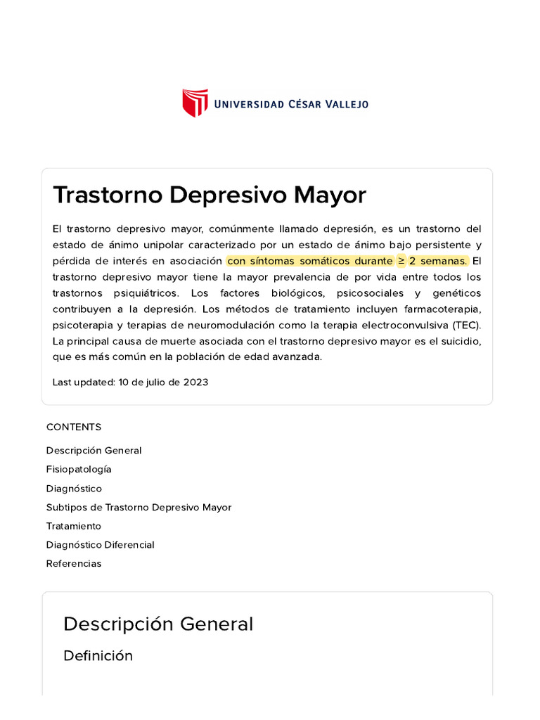 Trastorno Depresivo Mayor - Universidad César Vallejo Lecturio | PDF | Trastorno depresivo mayor ...