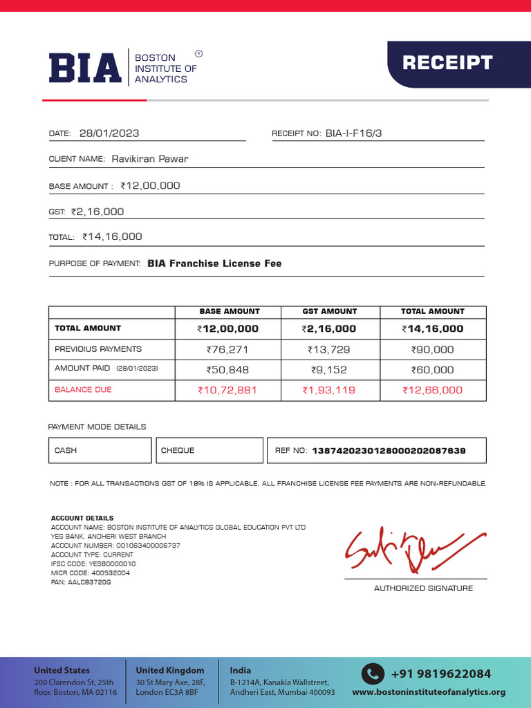 Franchise Payment Receipt 2023 | PDF