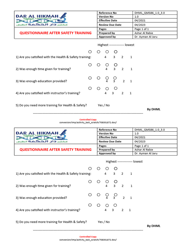 Safety Training Feedback Survey | PDF