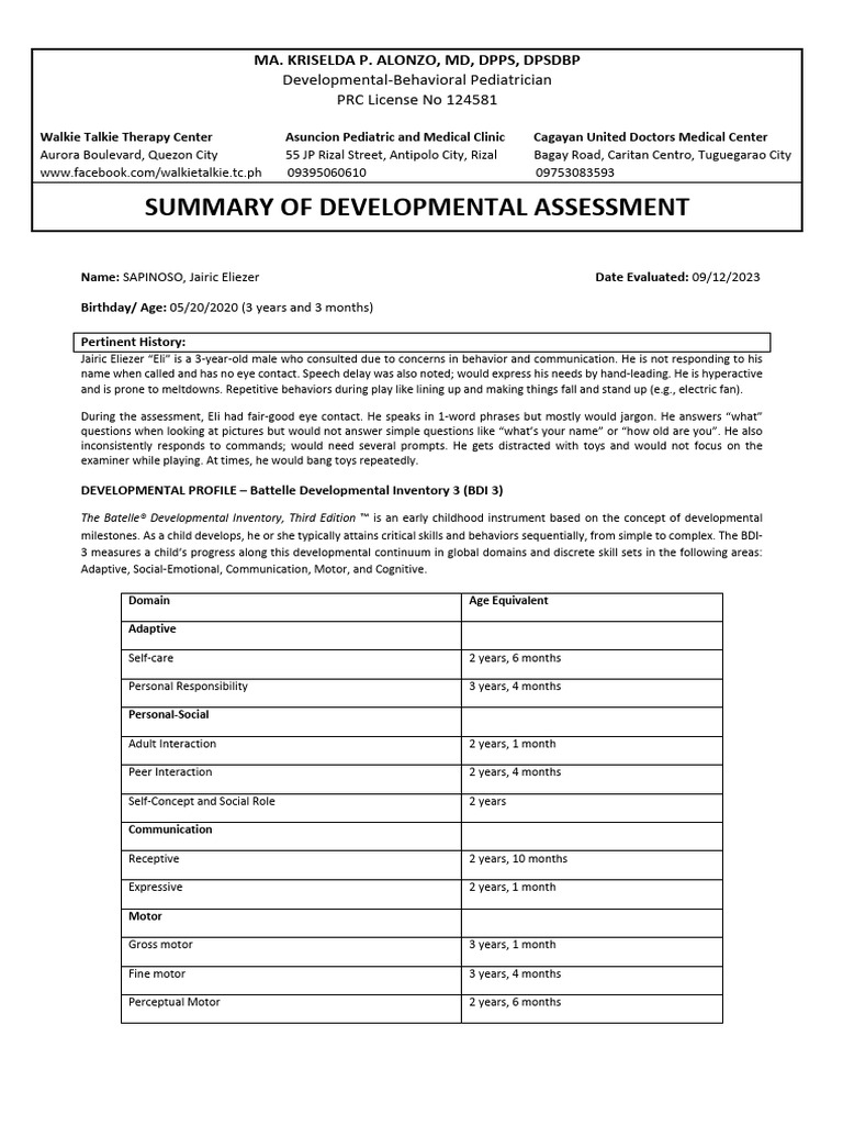 Summary of Developmental Assessment SAPINOSO | PDF | Autism Spectrum ...