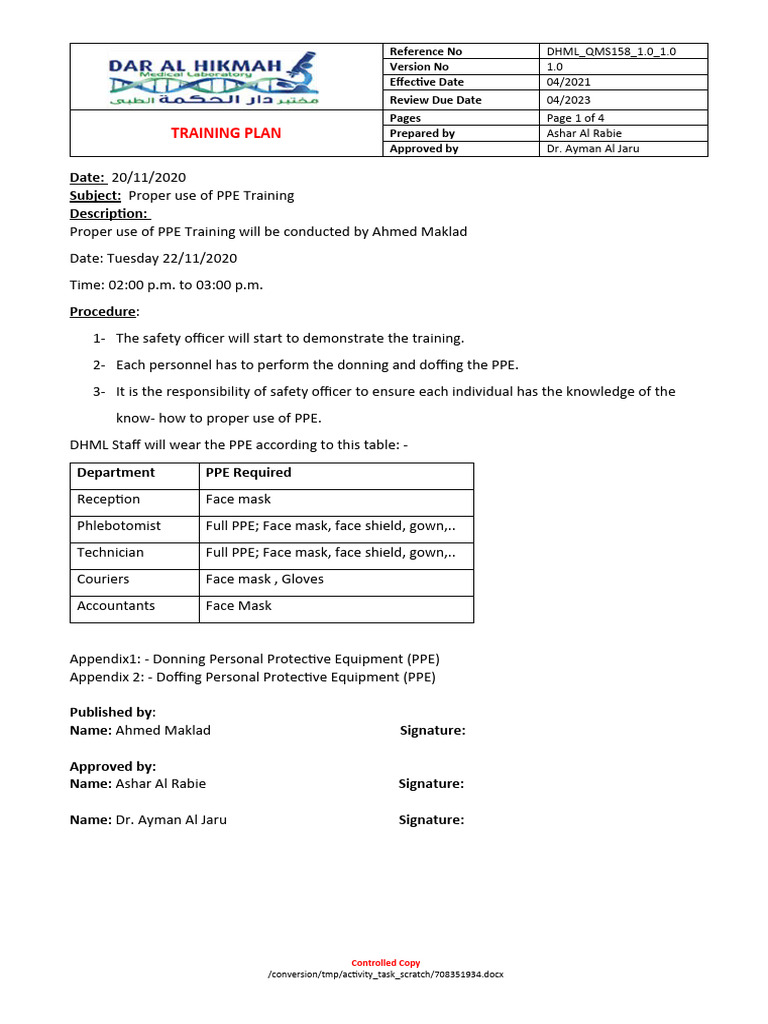 Training Plan | PDF | Personal Protective Equipment | Hygiene