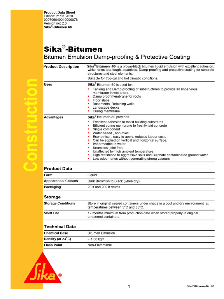 Sika® Bitumen 60 - 2020 | PDF | Concrete | Water