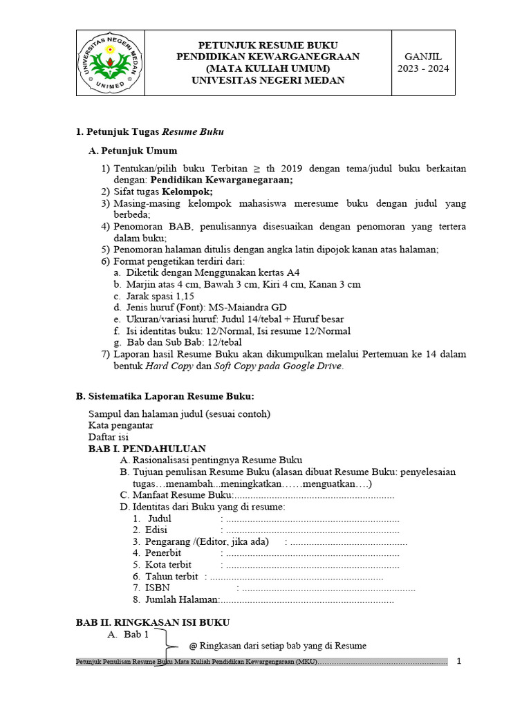 Petunjuk Resume Buku Mata Kuliah Pendidikan Kewarganegaraan MKU | PDF