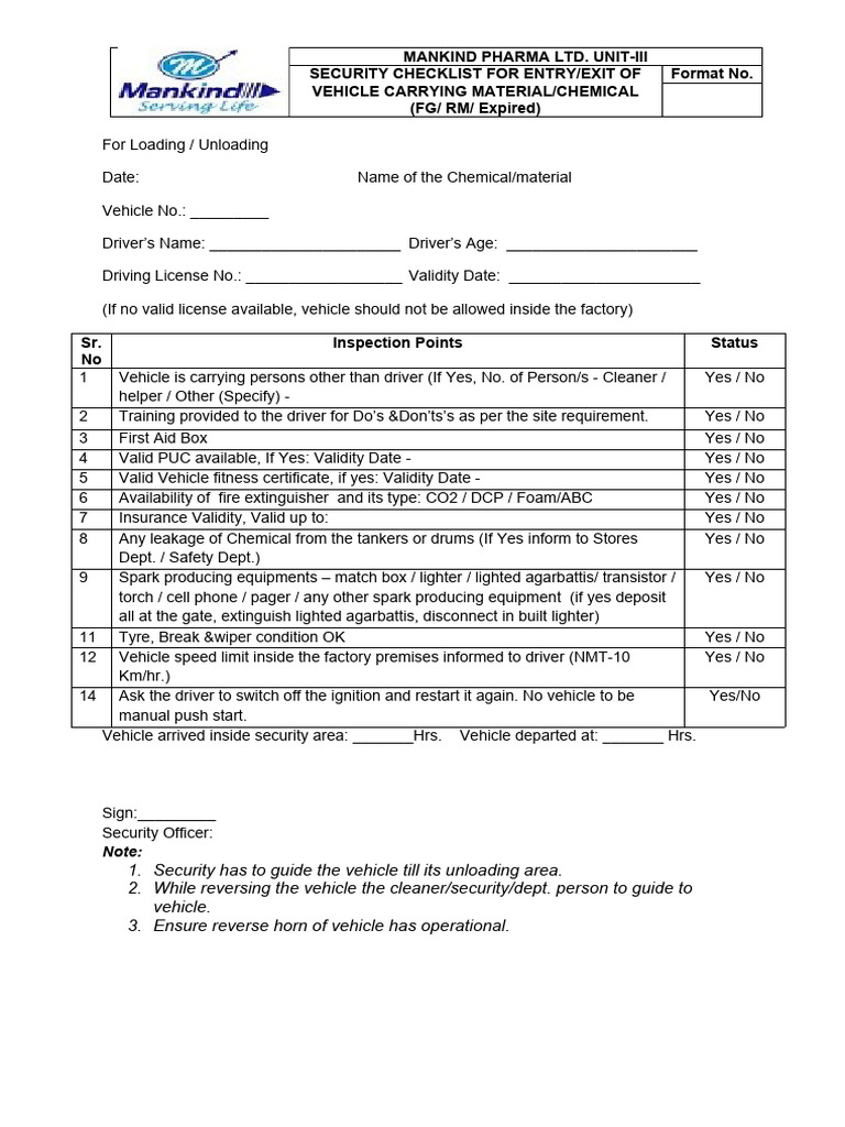 Vehicle Entry-Exit Checklist Carrying Material | PDF | Vehicles | Motor ...