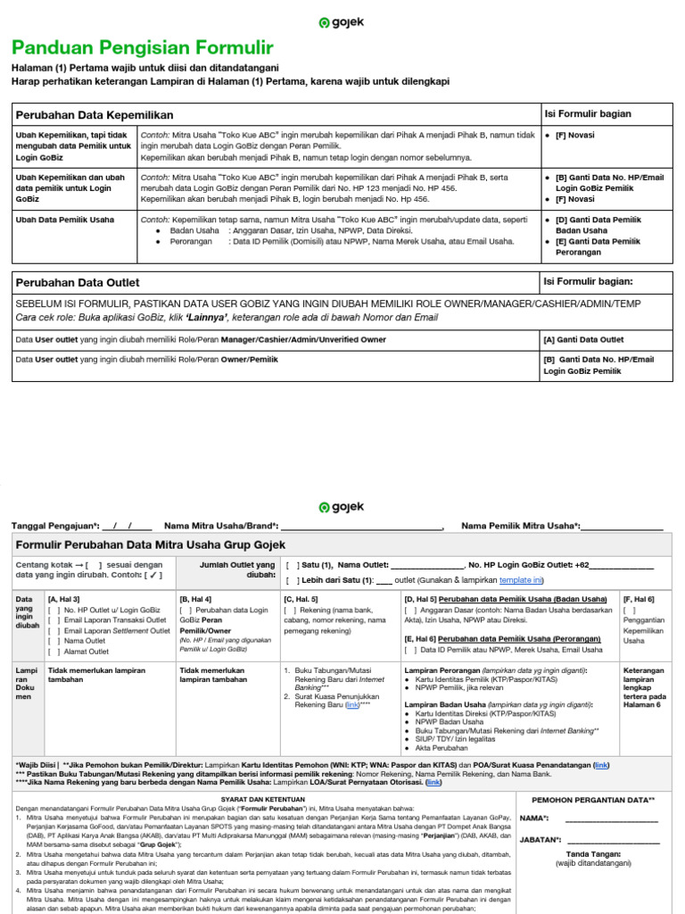 Formulir Perubahan Data Mitra Usaha Gojek (Versi 07.2020) | PDF