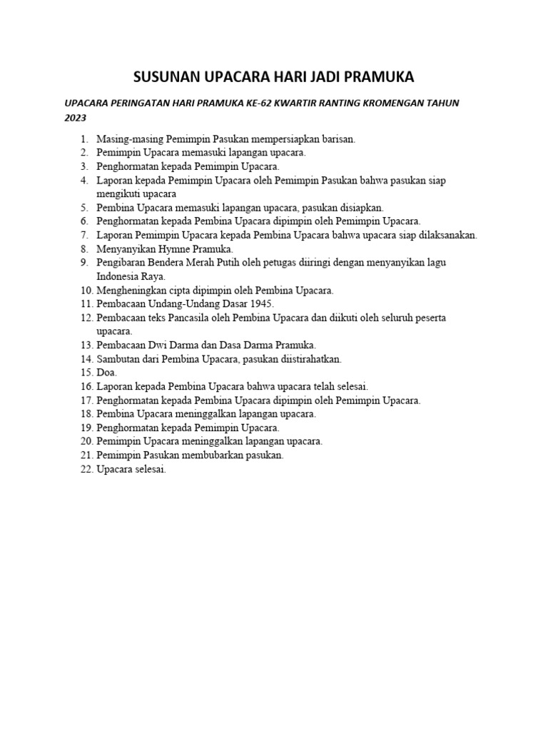 Susunan Upacara Hari Pramuka 2023 | PDF