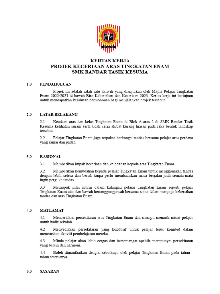 Kertas Kerja Projek Keceriaan Tingkatan 6 | PDF
