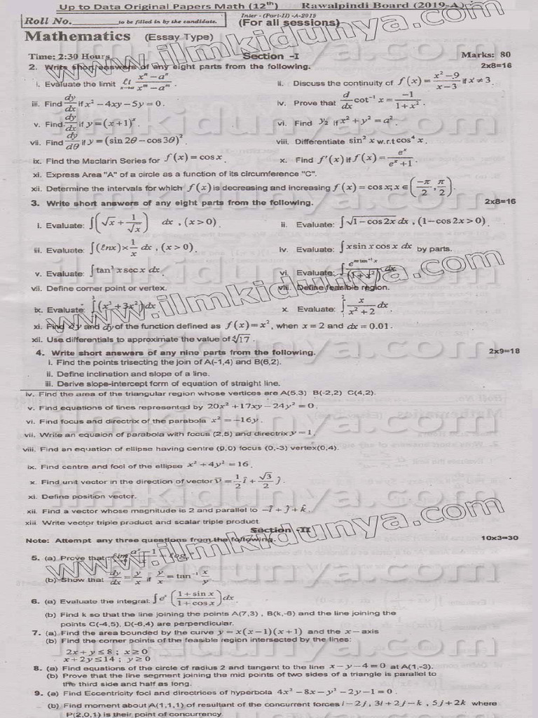 Past Paper 2019 Rawalpindi Board Inter Part II Mathematics Subjective English Medium | PDF