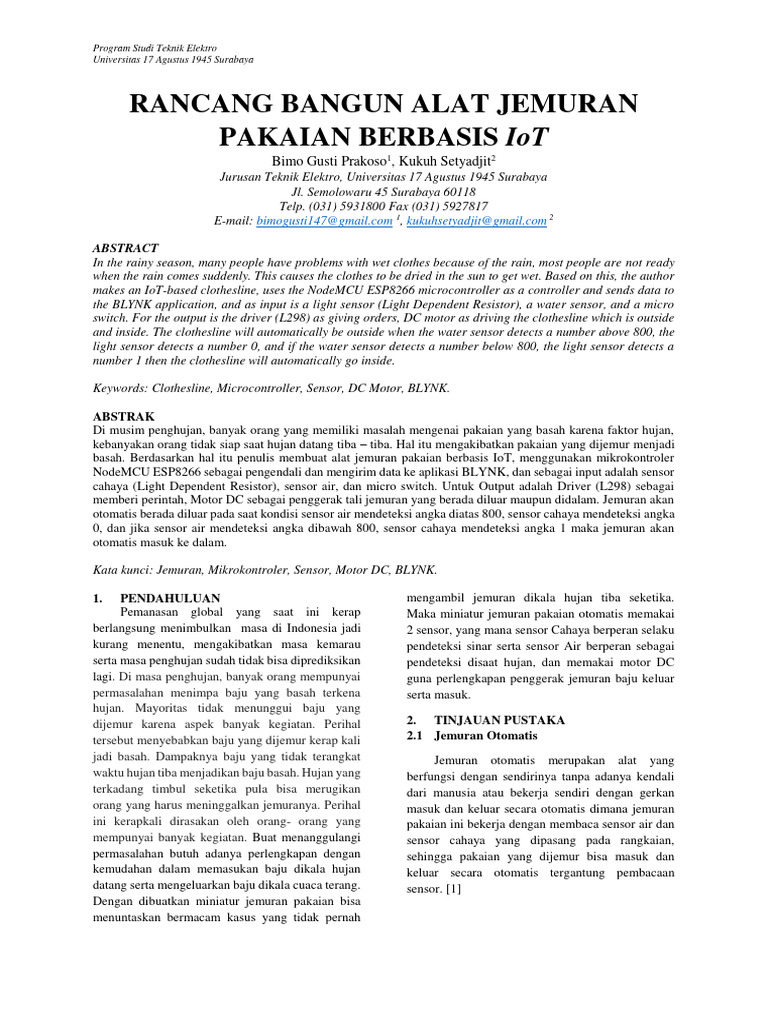 Rancang Bangun Alat Jemuran Pakaian Berbasis Iot Pdf Komputer