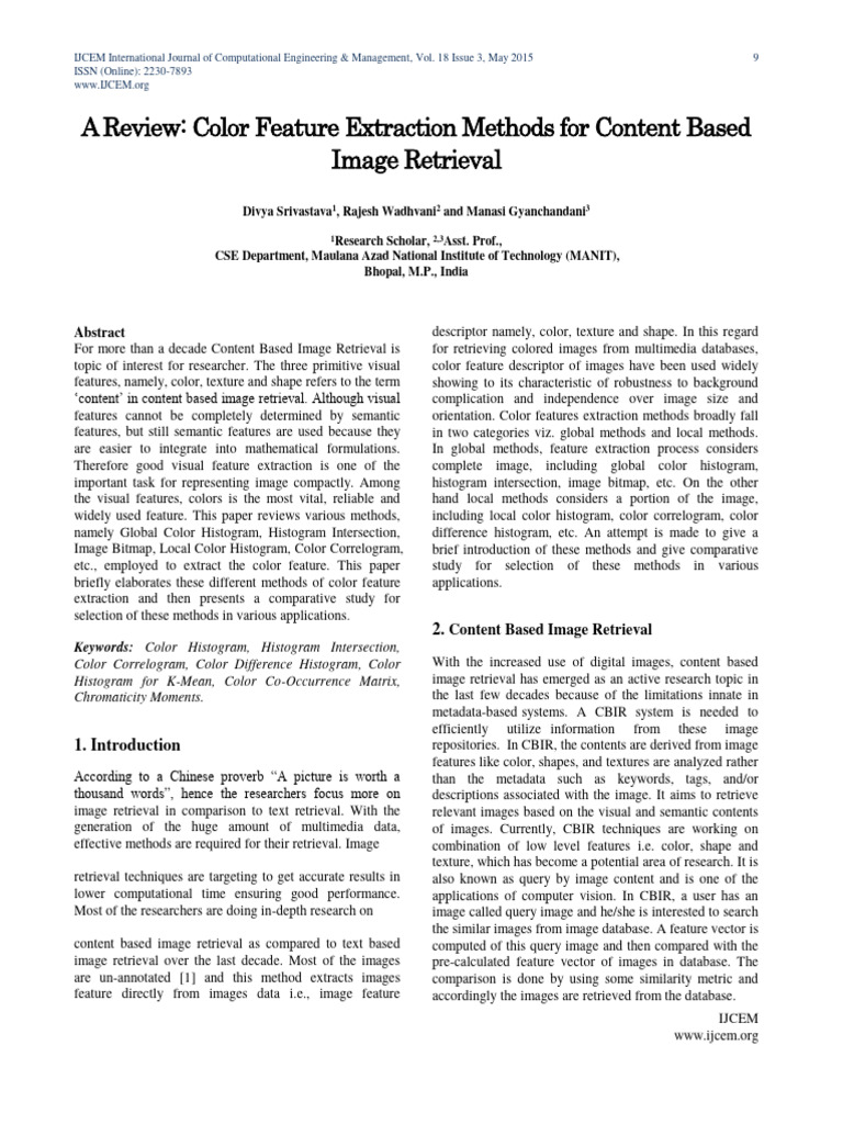 A Review Color Feature Extraction Methods For Content Based Image Retrieval Pdf Vision