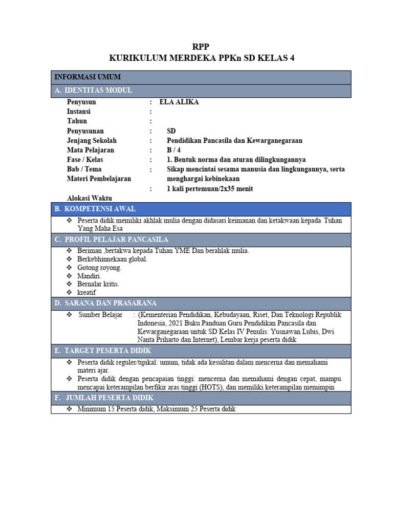 RPP Kurikulum Merdeka PPKN SD Kelas 4: A. Identitas Modul | PDF