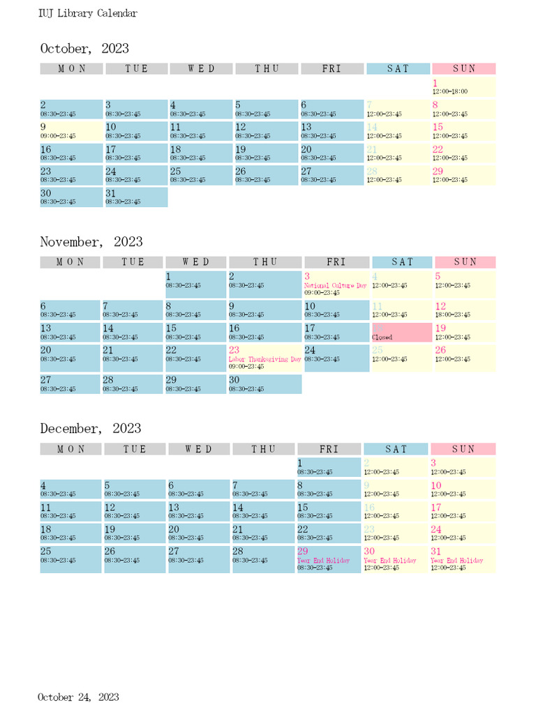 IUJ Library Calendar | PDF | Holidays | November Observances