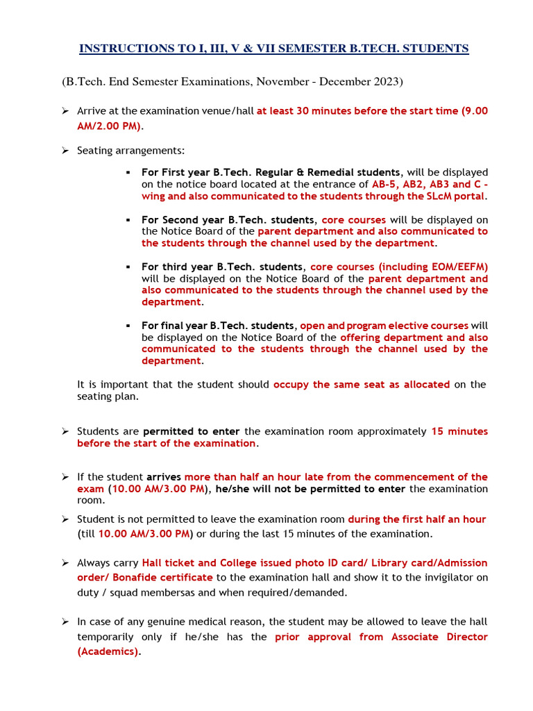 Exam Guidelines for B.Tech Students | PDF