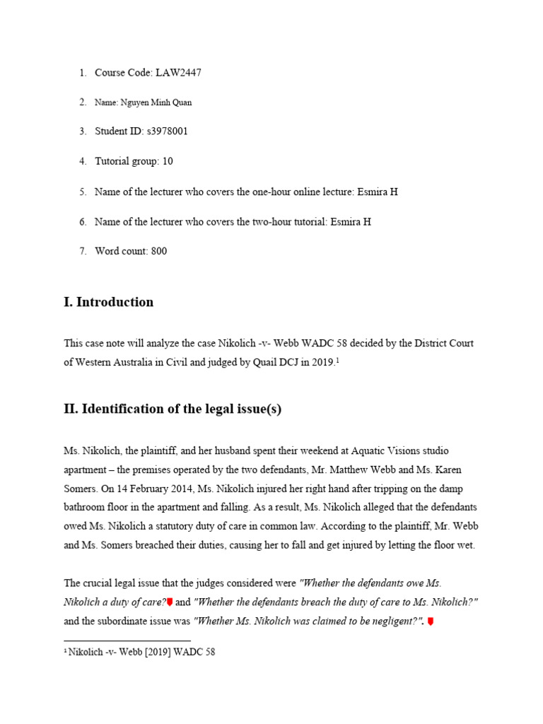Annotated-S3978001 - Assessment Task 1 - Case Note-1 | PDF | Negligence ...