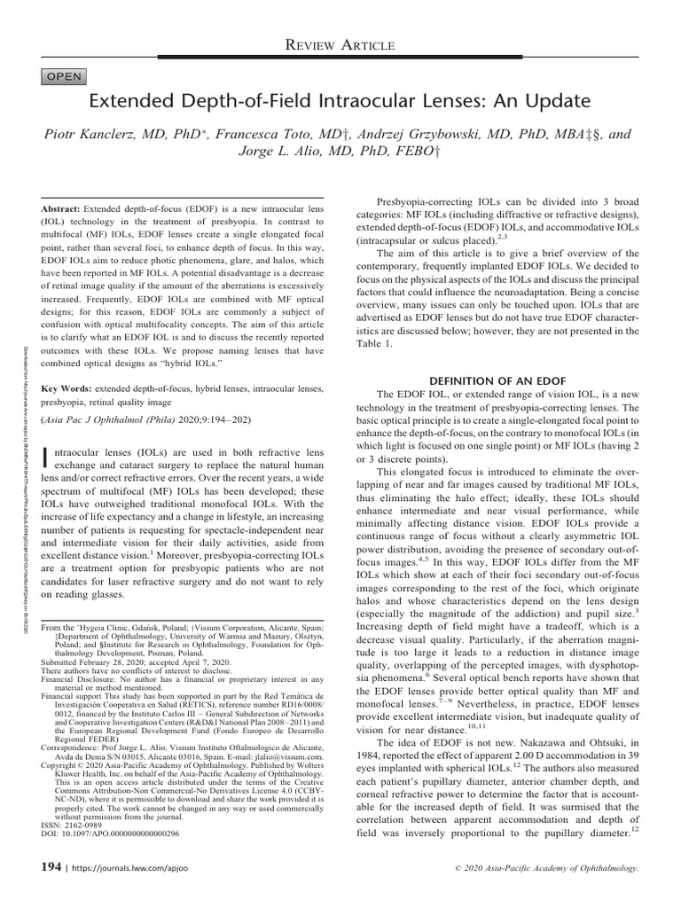 EDOF Intraocular Lenses Overview | PDF | Lenses | Eye