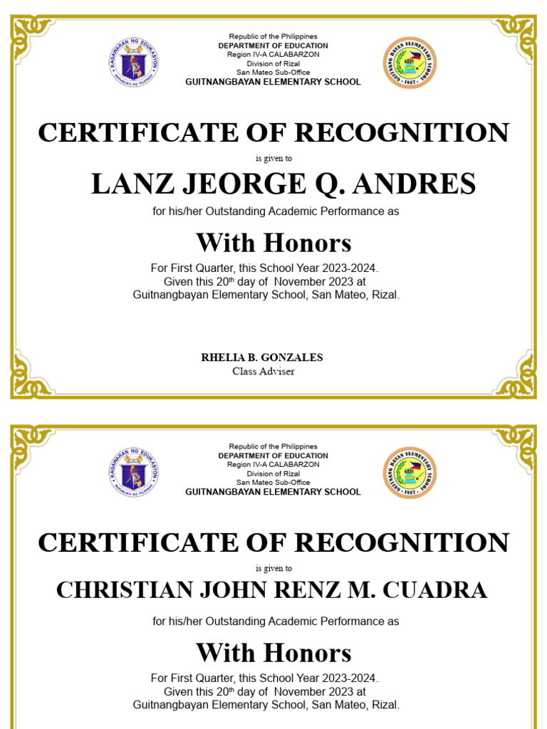 Certificate of Recognition Template Third QTR | PDF | Southeast Asia | Government Institutions