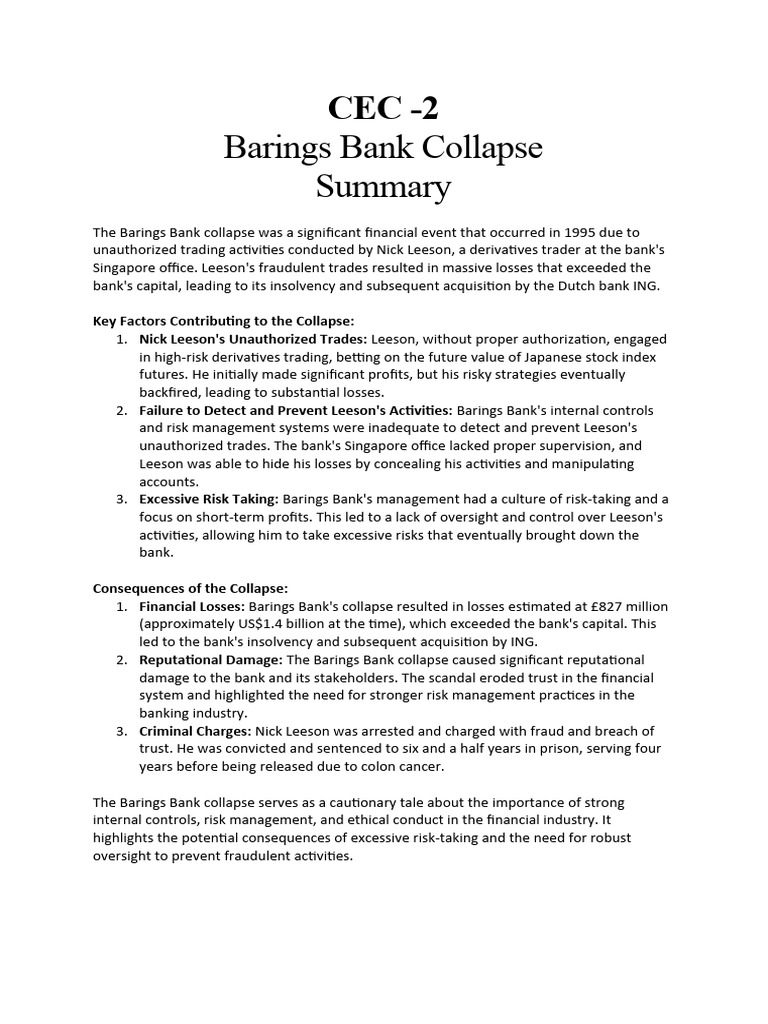 Barings Bank Collapse 1995 Overview | PDF | Business | Finance & Money ...
