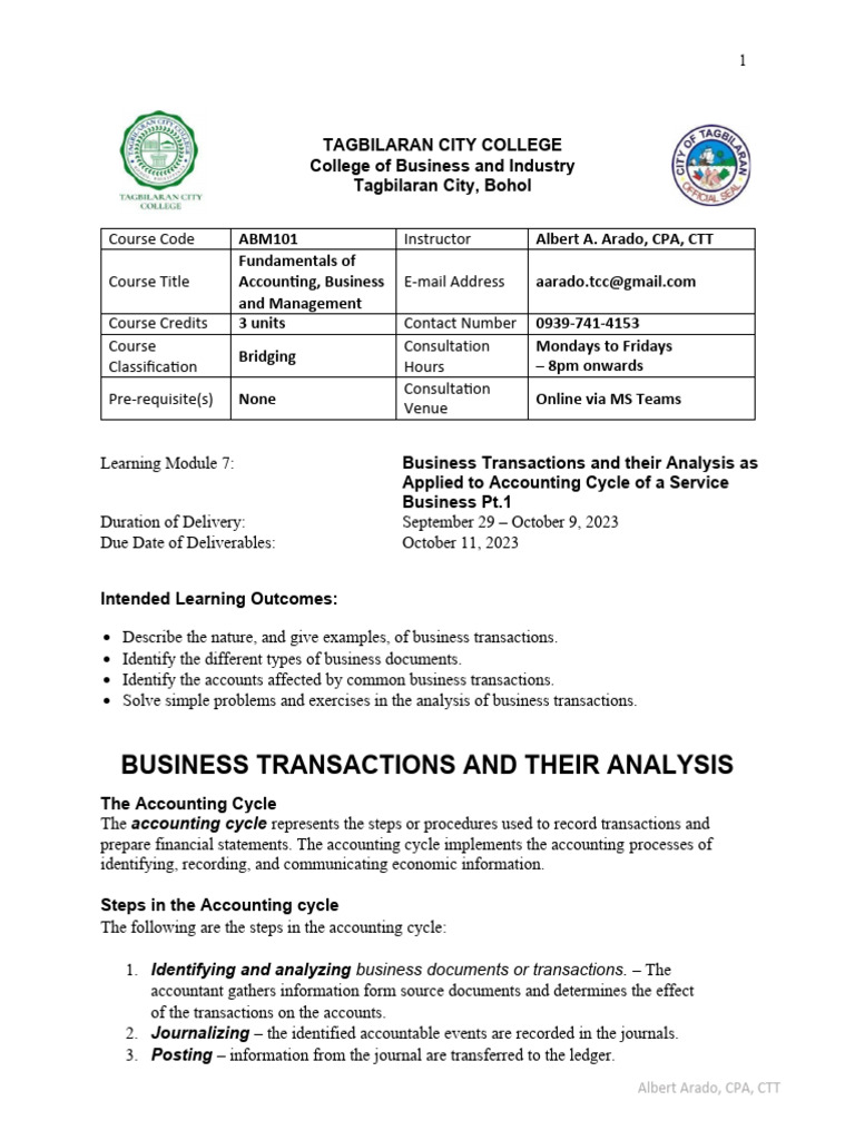ABM101 - M7 - Business Transactions and Their Analysis As Applied To ...