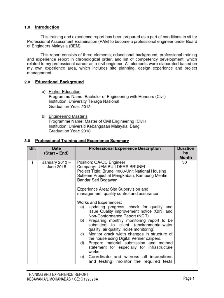 Training & Experience Report - Content 25102023 | PDF | Road Surface ...