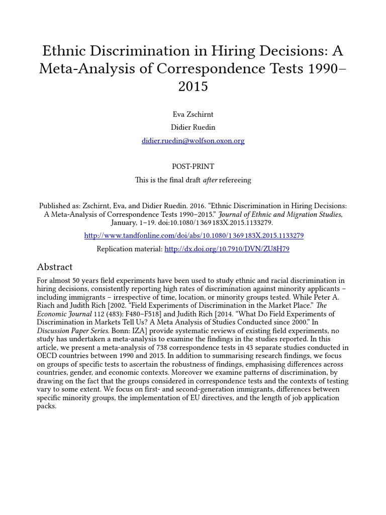 Zschirnt Ruedin 2016 Meta Post Print | PDF | Discrimination | Immigration