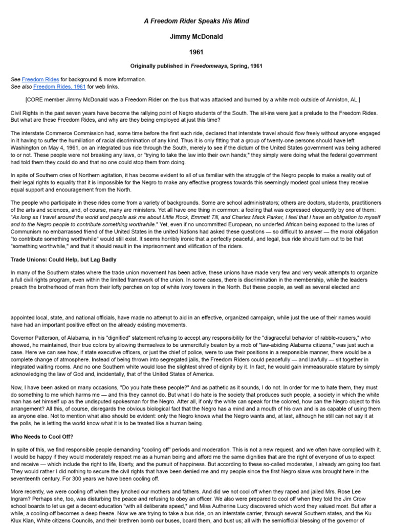 Freedom Rider Speaks This Mind | PDF | Society Of The United States ...