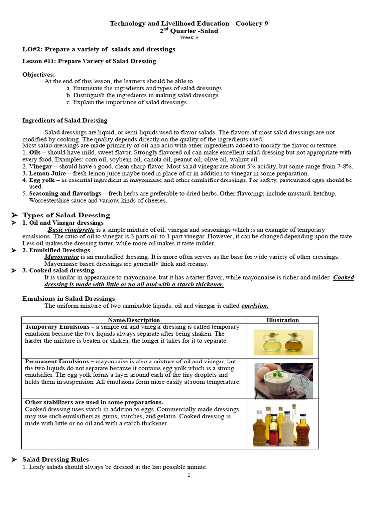 Lecture 3 Cookery Week 3 | PDF | Coleslaw | Mayonnaise