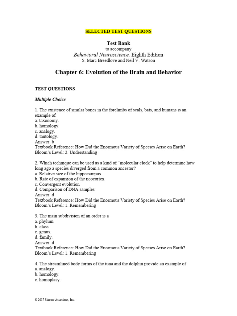 Behavioral Neuroscience Test Bank | PDF | Homo | Brain