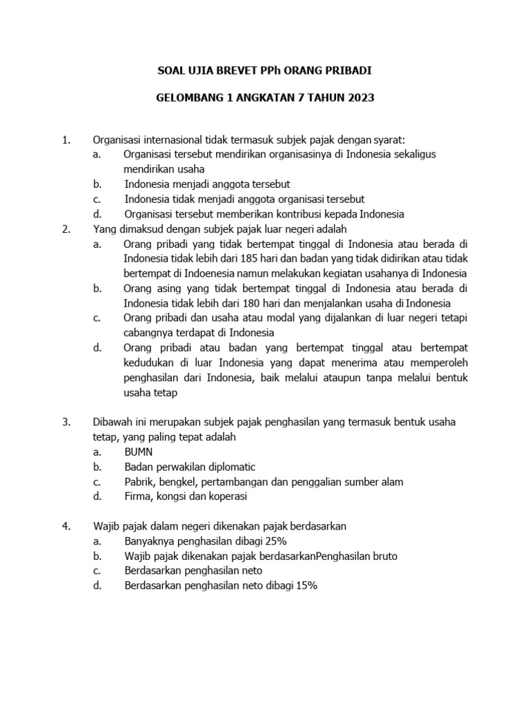 Soal Ujian PG Brevet PPH OP Gel 1 Angk 7 Th2023 | PDF