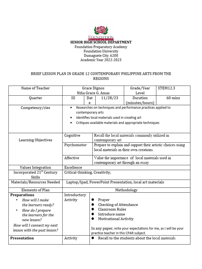 Grade 12 Contemporary Arts Plan | PDF | Learning | Teachers
