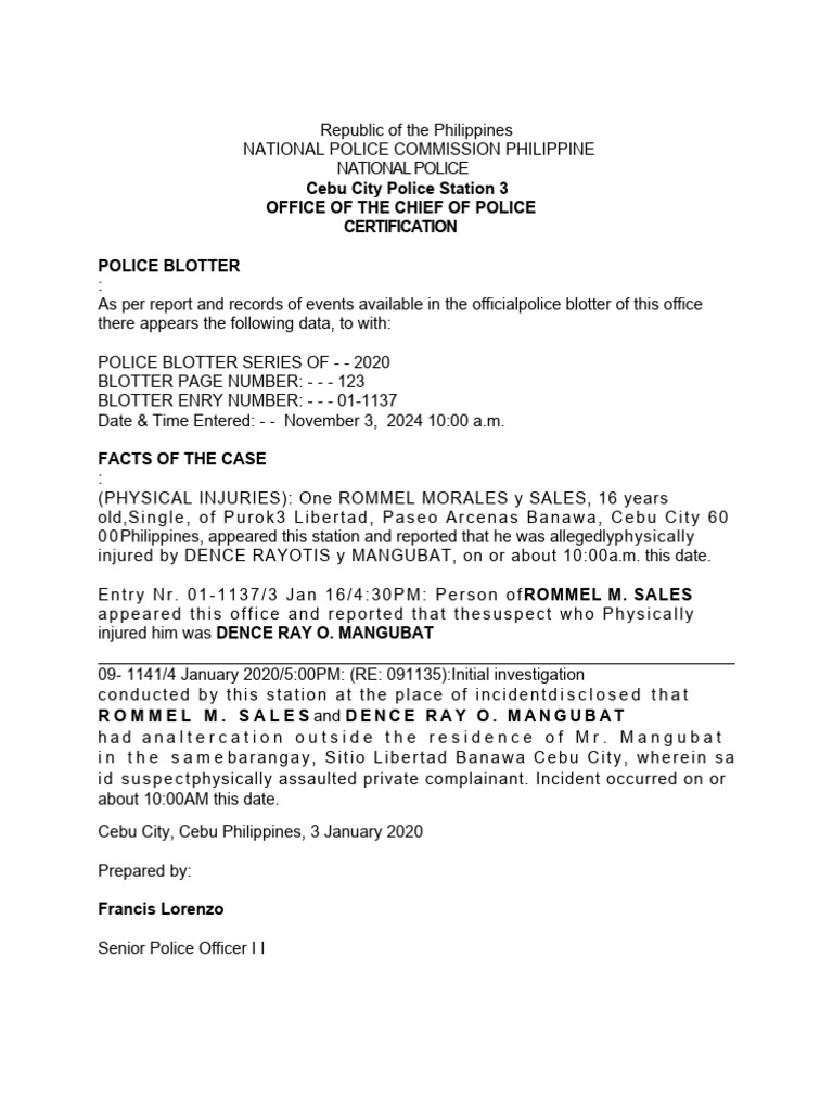 Police Blotter: Physical Injury Report | PDF | Law | Mystery, Thriller & Crime Fiction