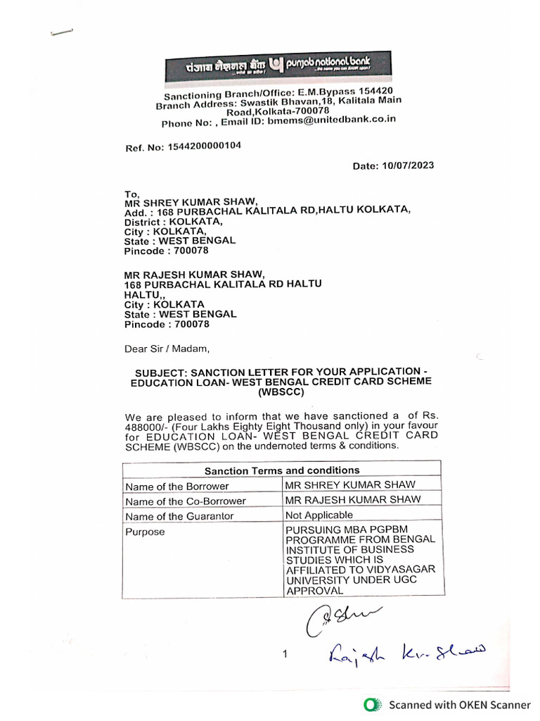 Loan Sanction Letter | PDF