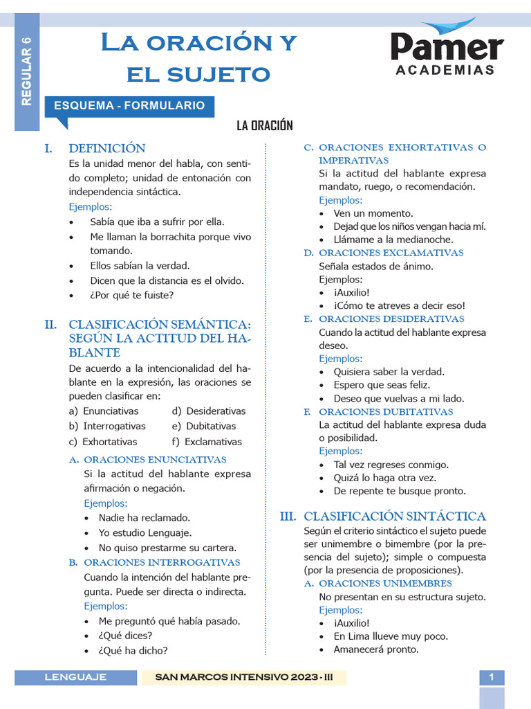 Lenguaje - Reg 6 - La Oración y El Sujeto | PDF | Oración (Lingüística) | Asunto (gramática)