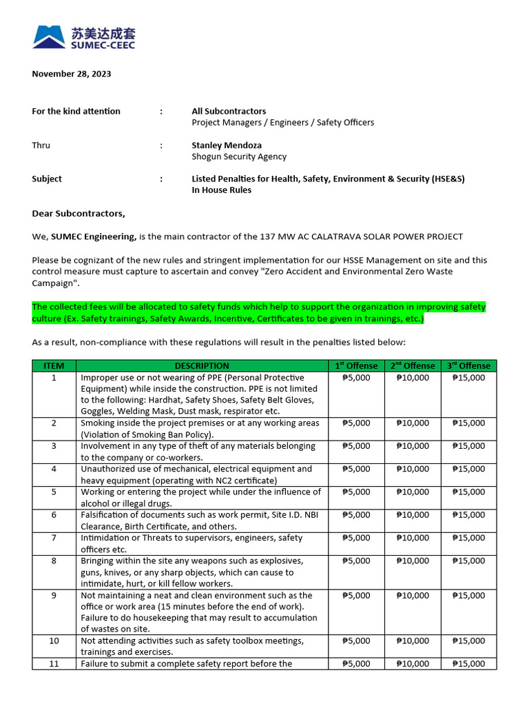 HSE&S Penalties for Subcontractors | PDF | Personal Protective ...