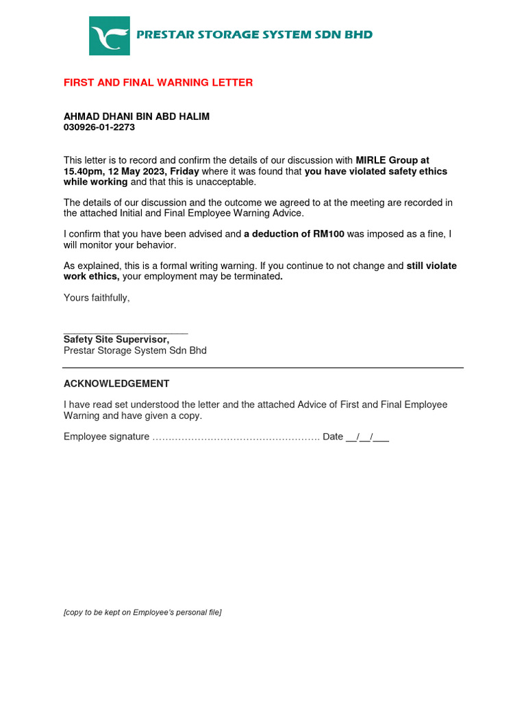First and Final Warning Letter | PDF