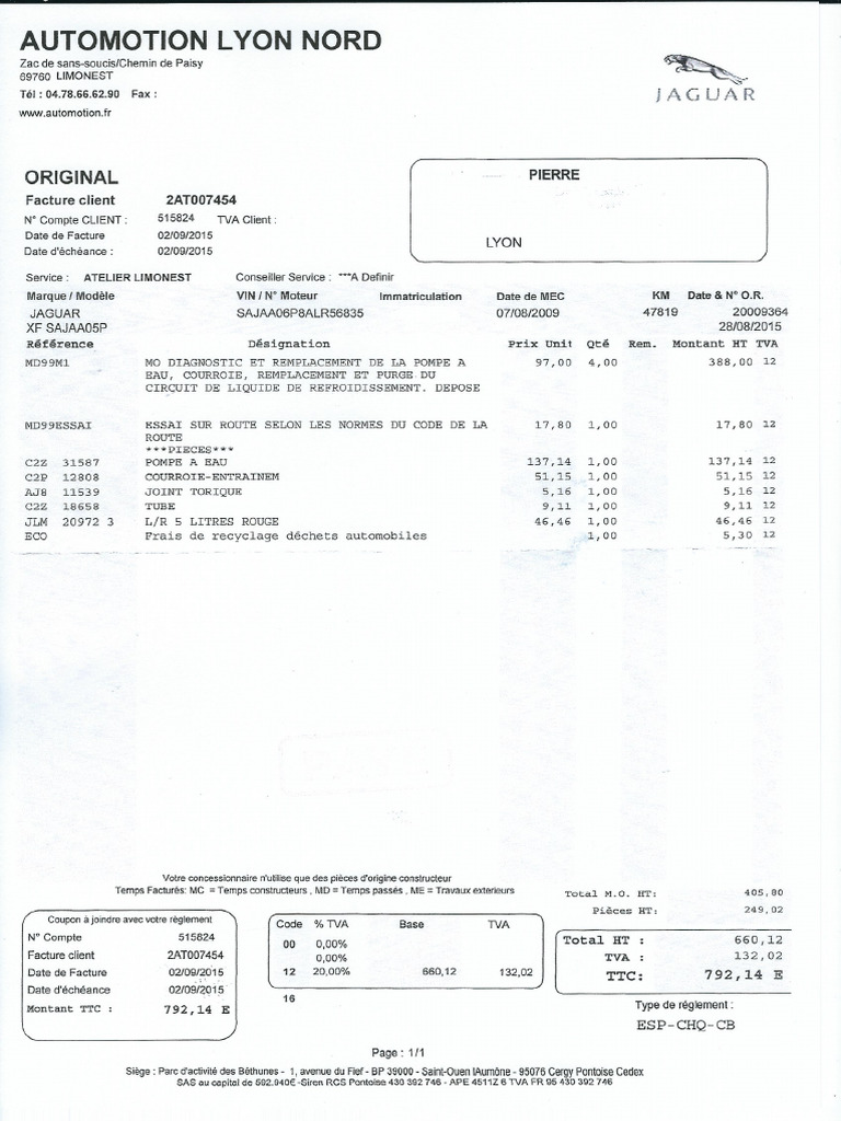 Factures Remplacement de La Distribution SAJAA06P8ALR56835 | PDF