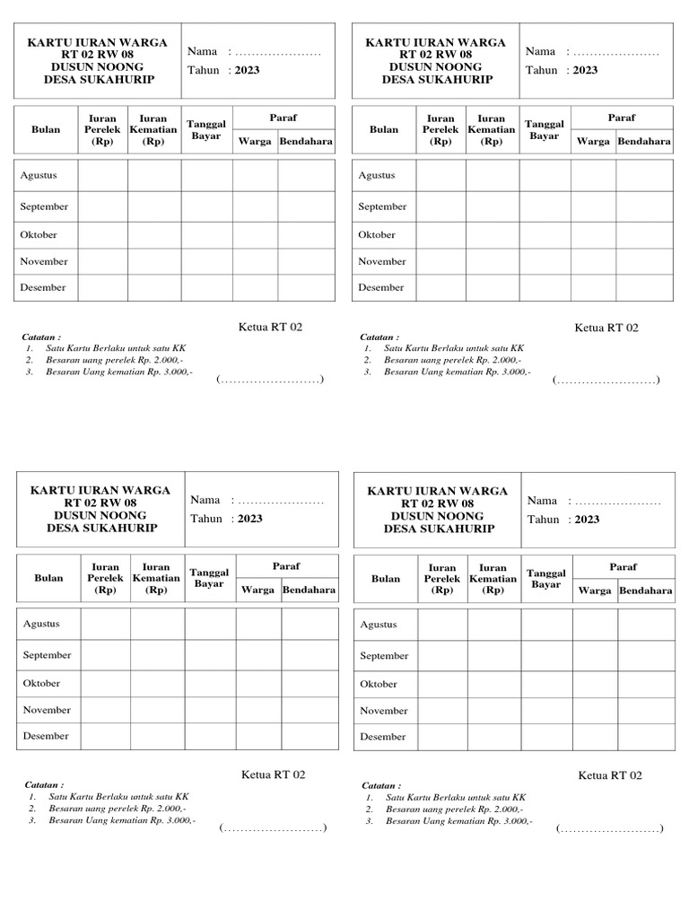 Kartu Iuran Warga RT 02 RW 08 | PDF
