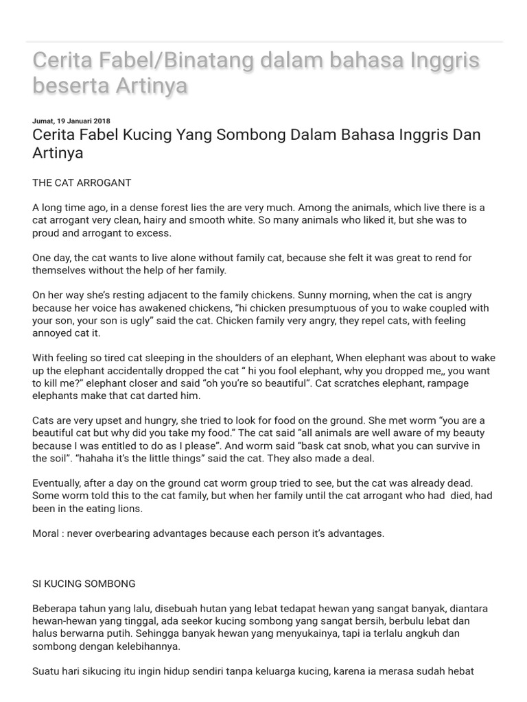 Fabel Kucing Sombong dan Moralnya | PDF | Environmental Social Science ...
